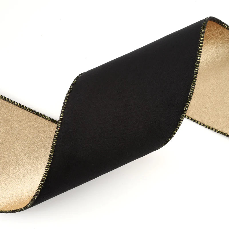 4"x10YD REVERSIBLE CLASSIC VELVET/SHIMMER WIRED RIBBON - BLACK/GOLD - – House To Home